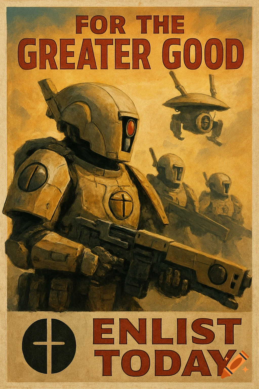 Propaganda-style poster showing armored sci-fi soldiers and a drone ...