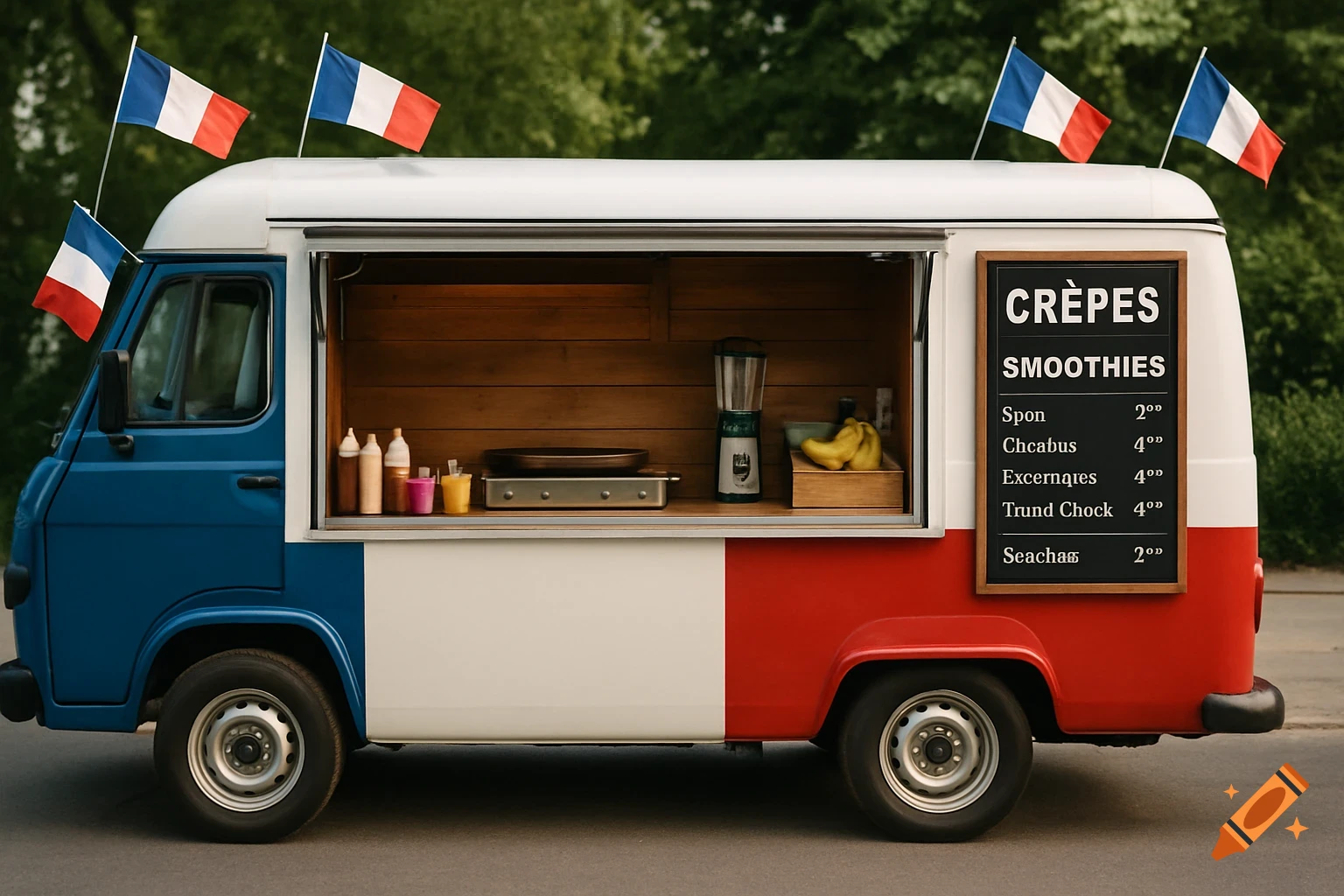 A photorealistic French food truck with flags, serving crepes and ...