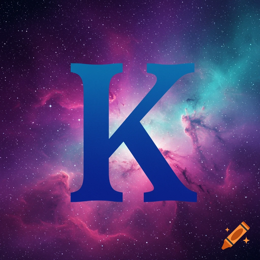Large blue letter K against a vibrant purple and teal space nebula ...
