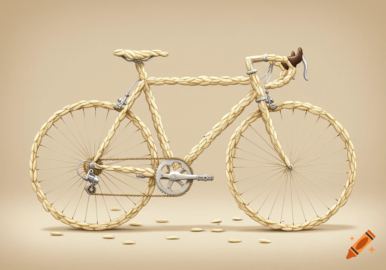 A road bike with frame and wheels made of braided rice stalks, standing ...