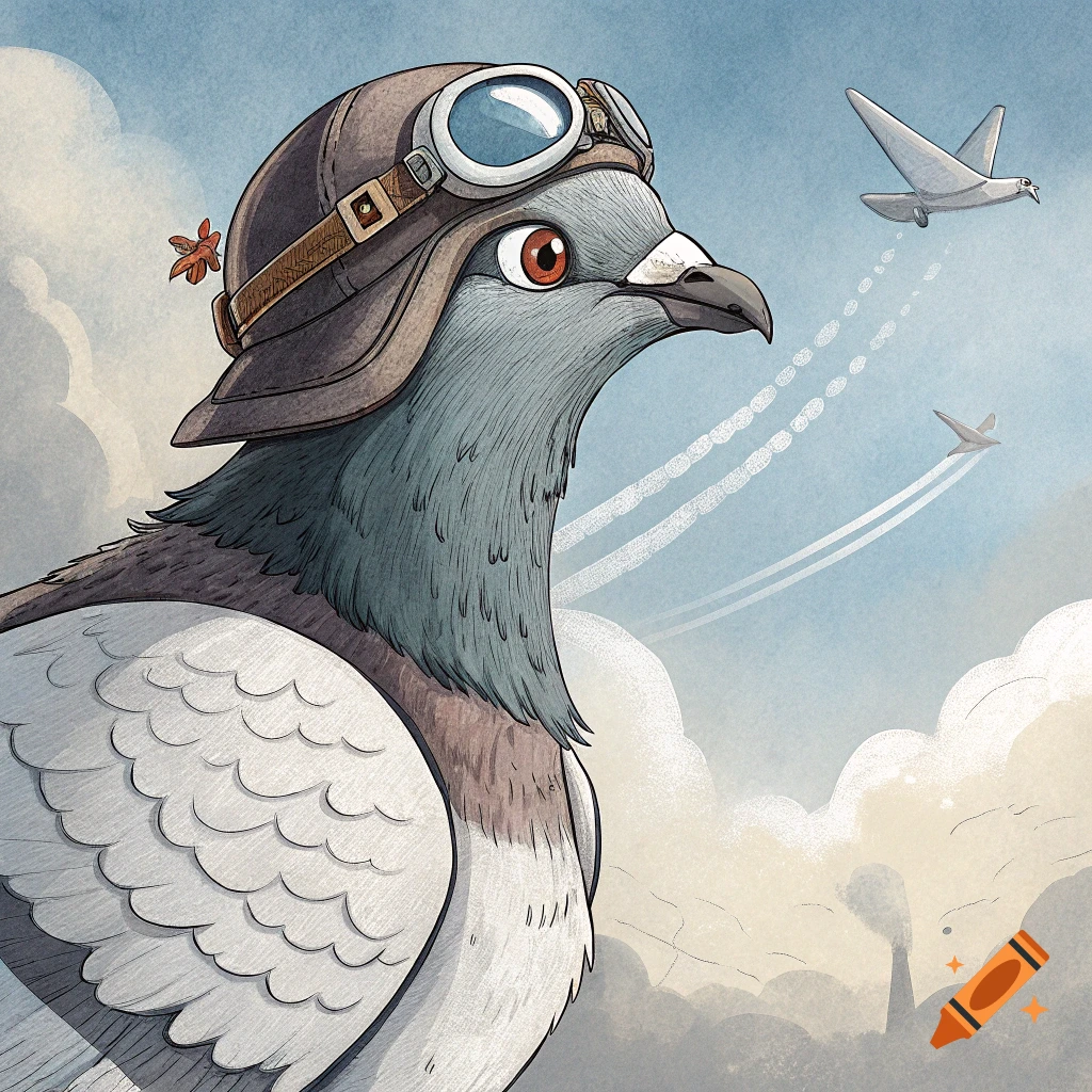 An illustrative image of a pigeon wearing a pilot hat and goggles ...
