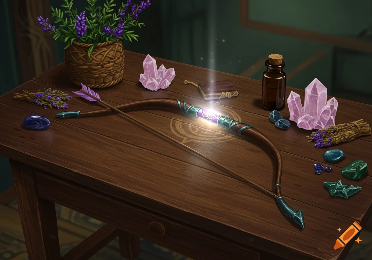 A magic bow and arrow rest on a wooden table with crystals, herbs, and ...