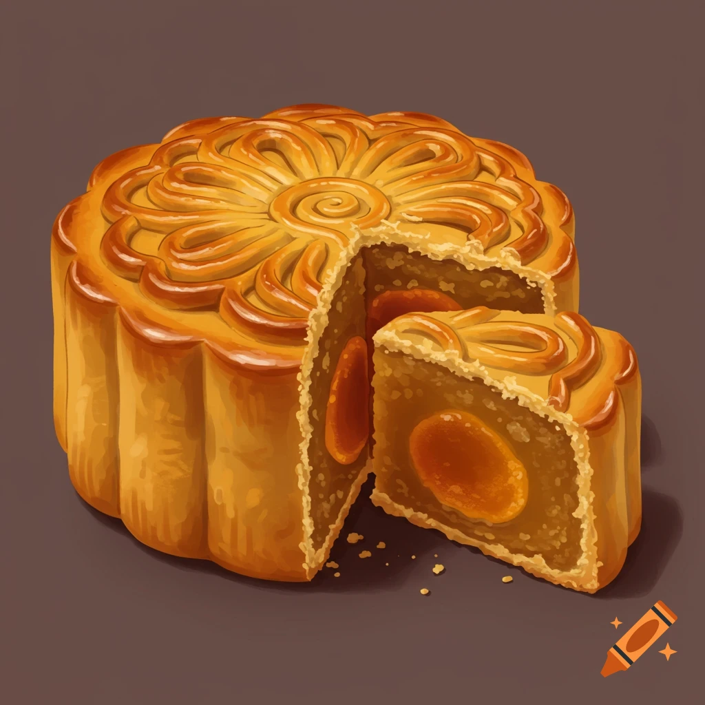 A sliced mooncake showing the filling and egg yolk, in a digital ...