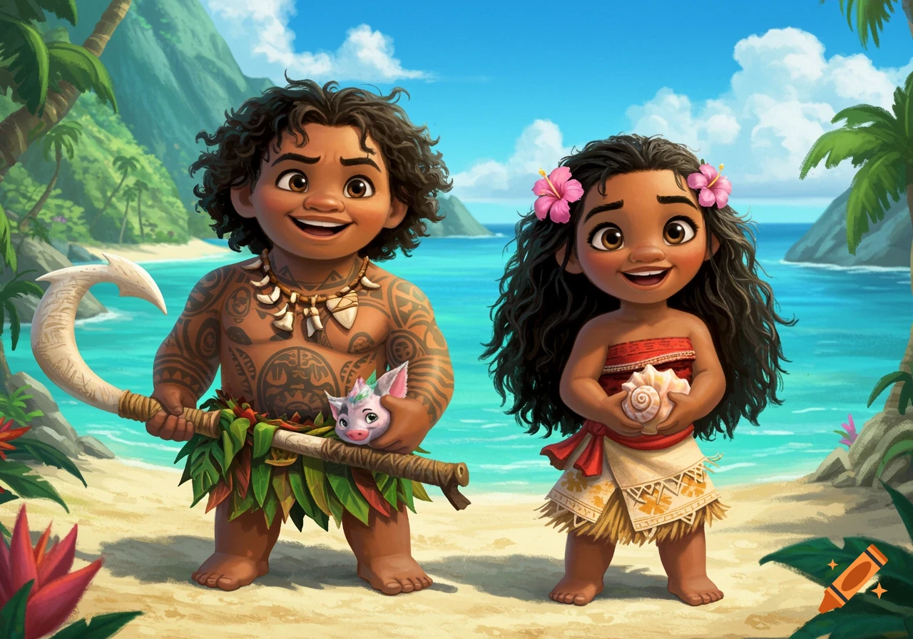 Chibi Maui holding his hook and Pua next to chibi Moana holding a ...