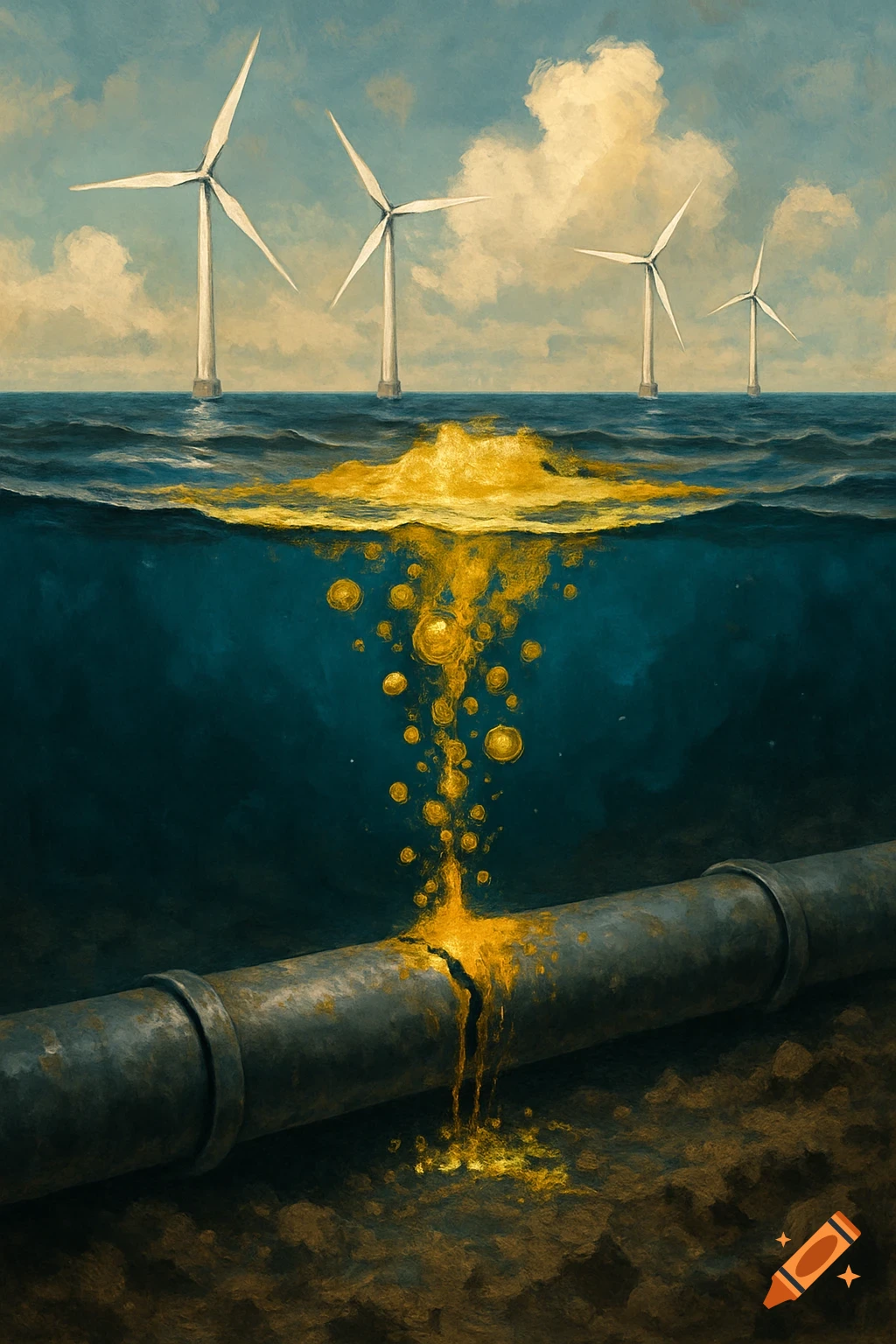 A painting shows an underwater pipeline leaking yellow fluid that ...
