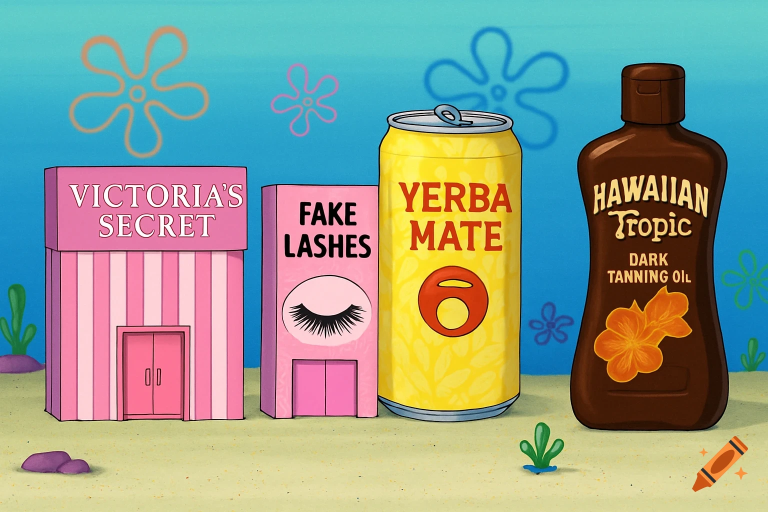 Cartoon illustration in a SpongeBob style background featuring buildings/objects representing ...