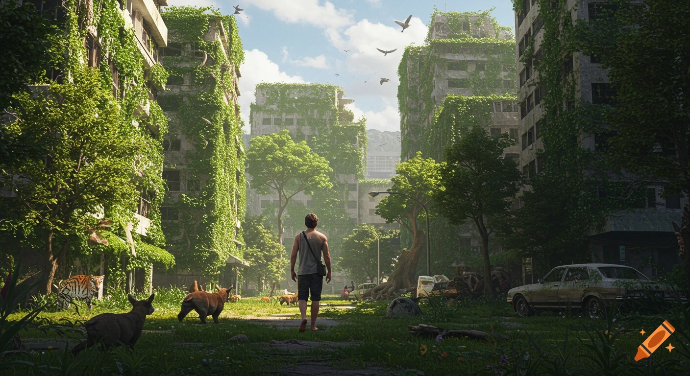 A person walks through a post-apocalyptic city overgrown with nature ...