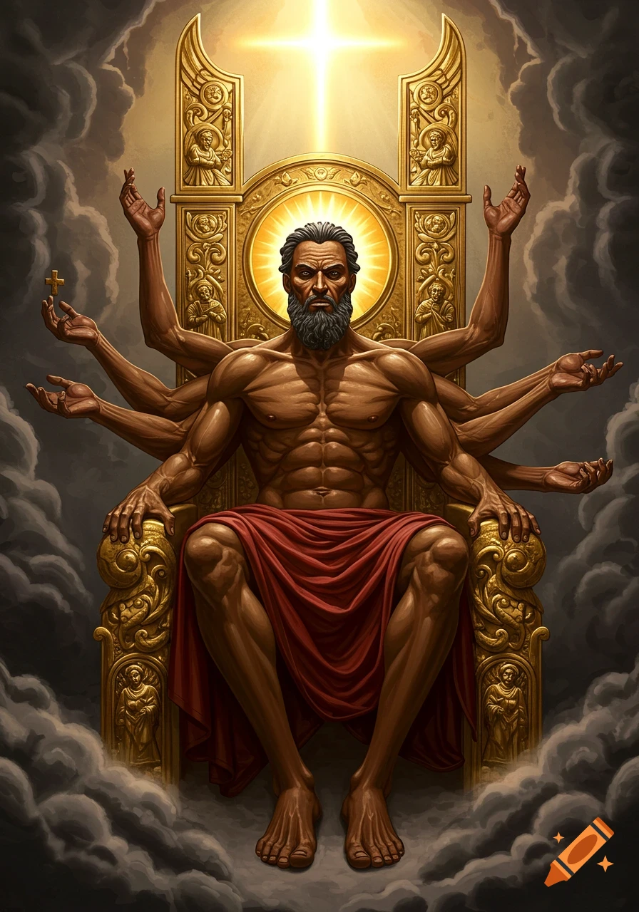 A multi-armed deity sits on an ornate golden throne amidst clouds and ...