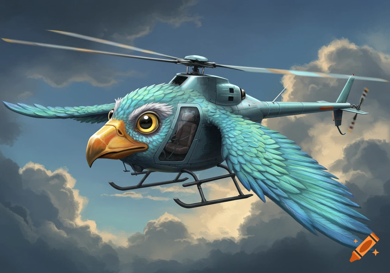 Stylized helicopter with bird features flying through clouds. on Craiyon
