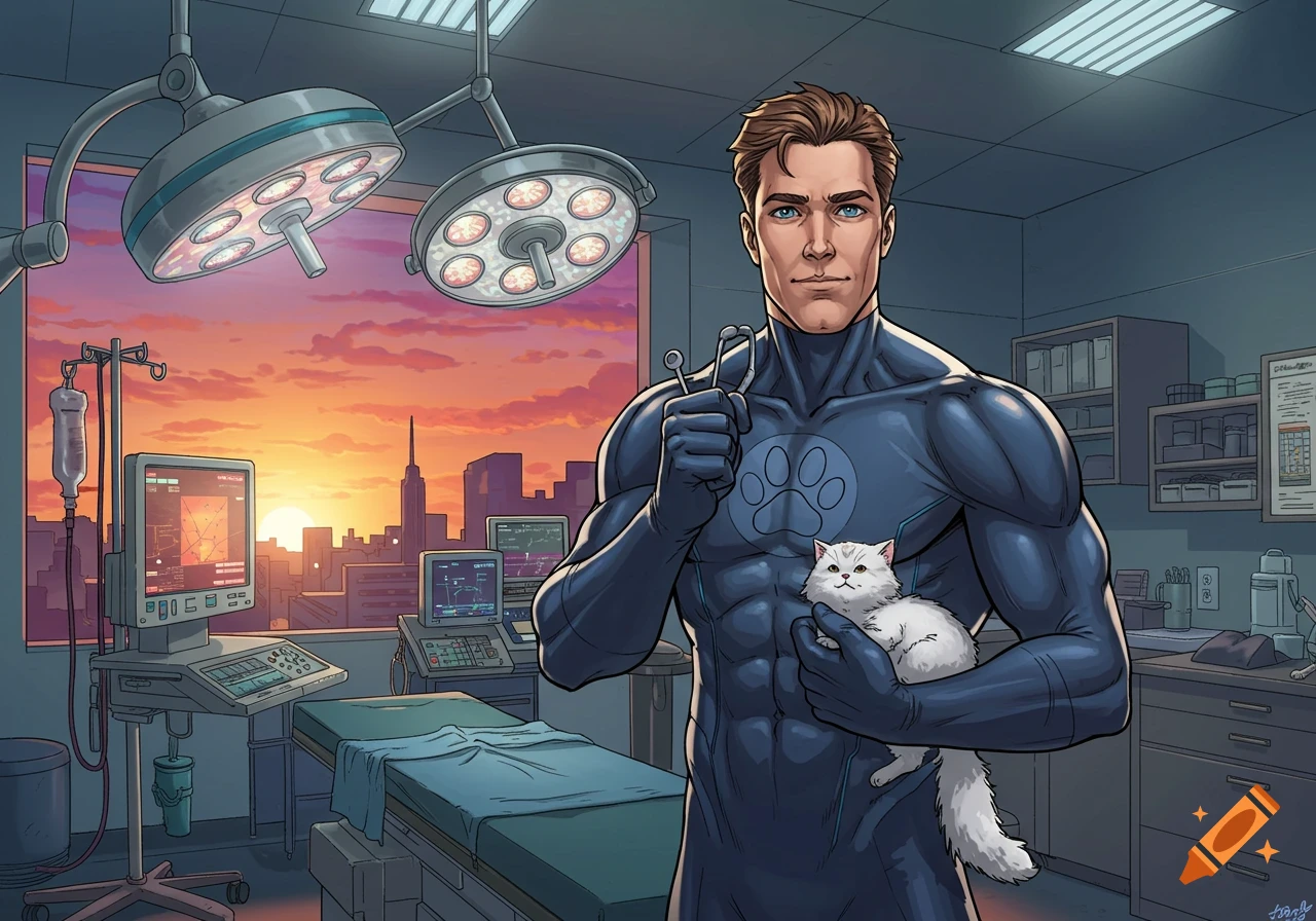 A muscular superhero in a dark suit holds a white cat in a vet clinic ...