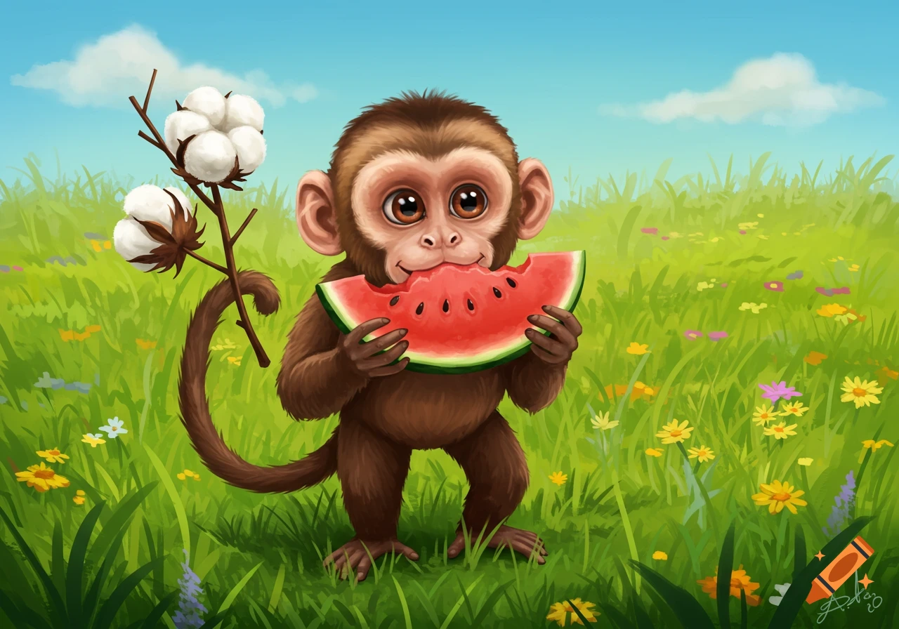 Cartoon monkey eating watermelon, holding cotton plant in a grassy ...