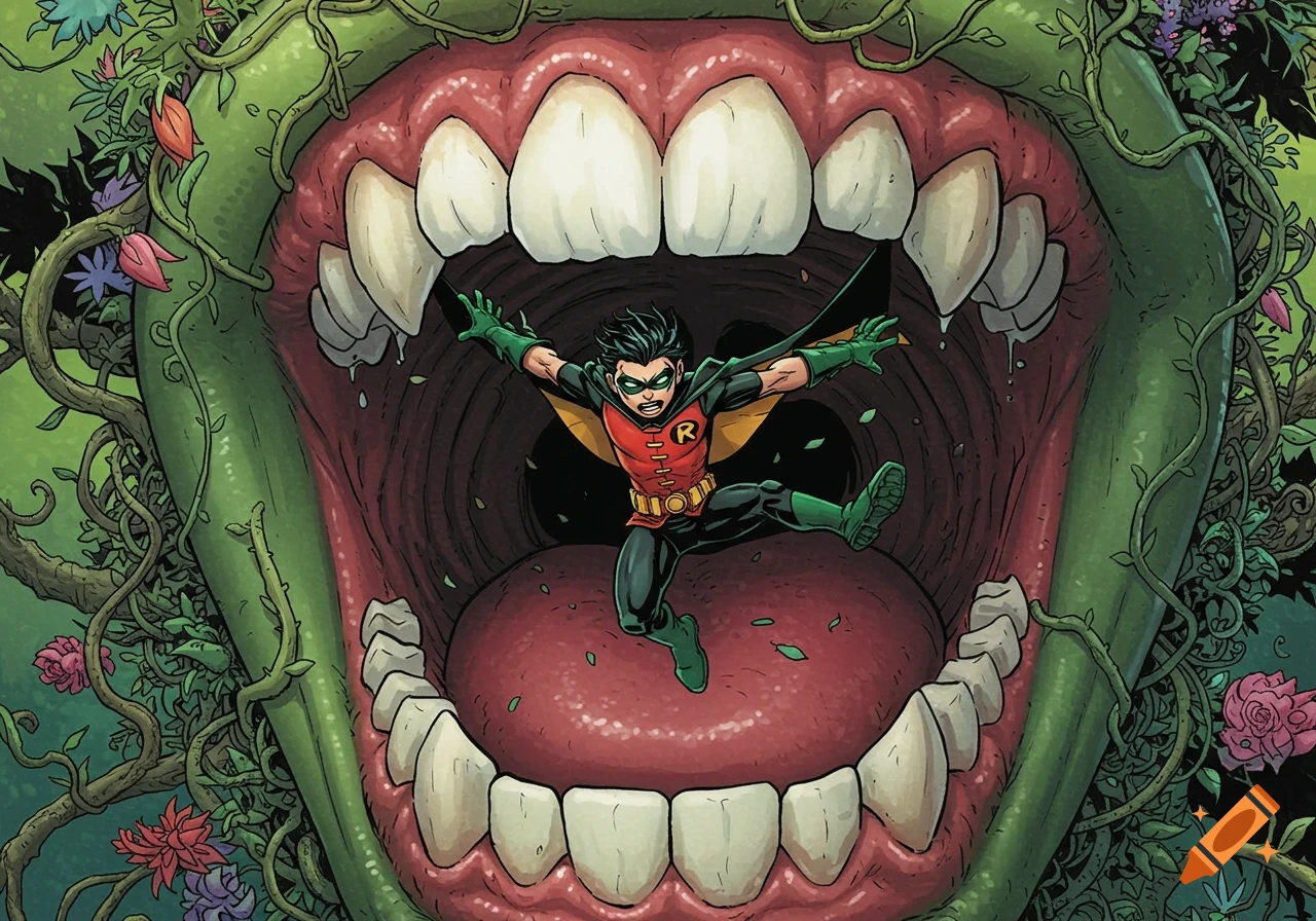 Comic art of Robin leaping inside a giant plant monster mouth. on Craiyon