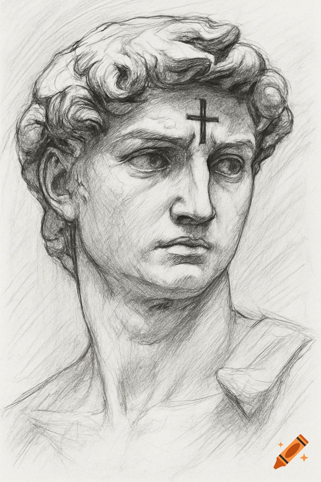 Pencil sketch of the bust of David with a cross on his forehead. on Craiyon