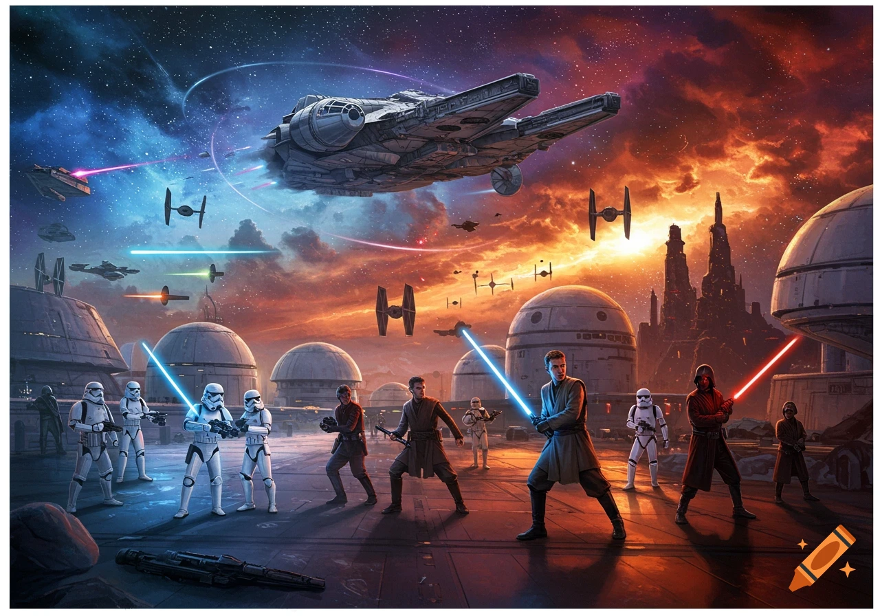 Millennium Falcon flies over Stormtroopers and figures with lightsabers ...