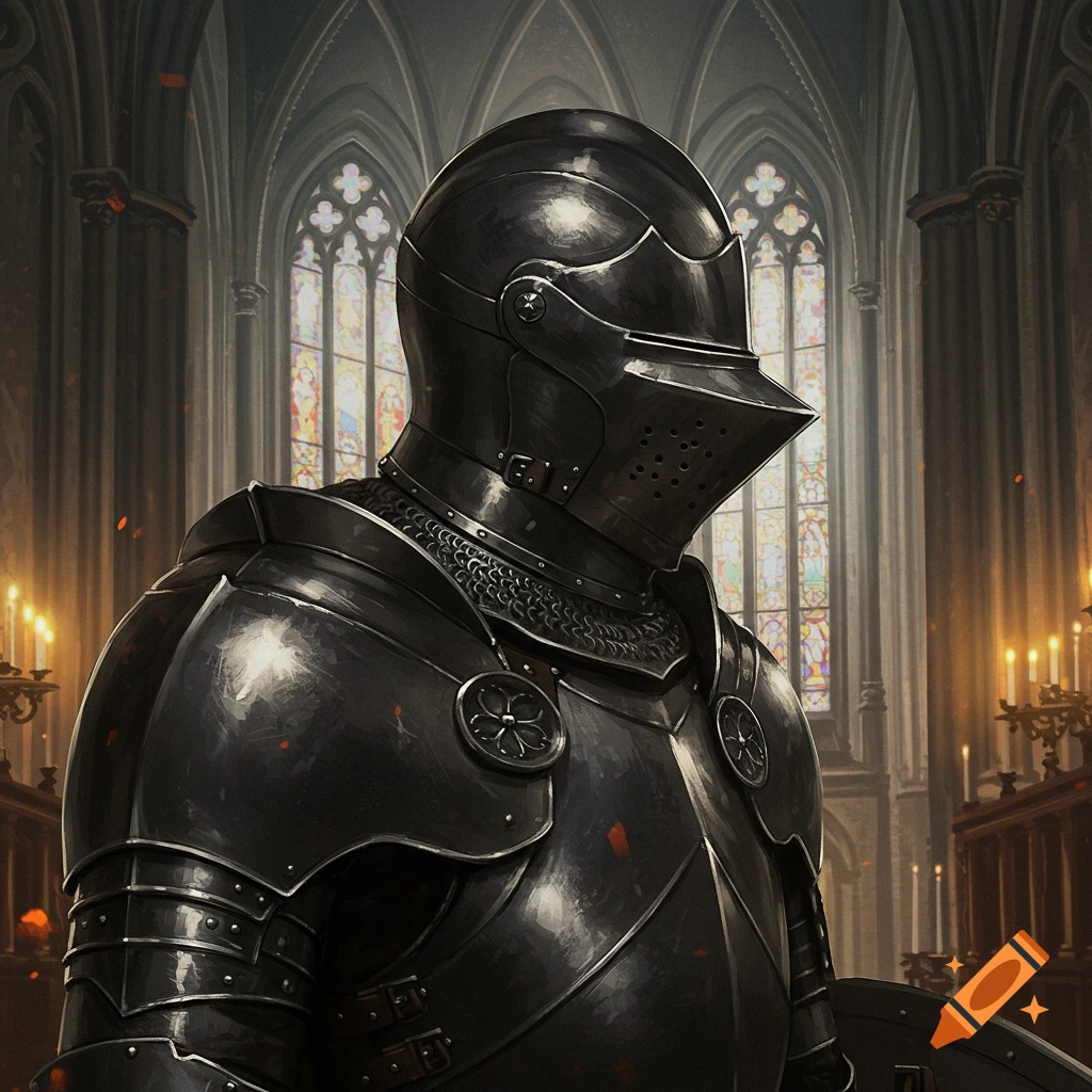 A knight in black armor stands in a solemn church with stained glass ...