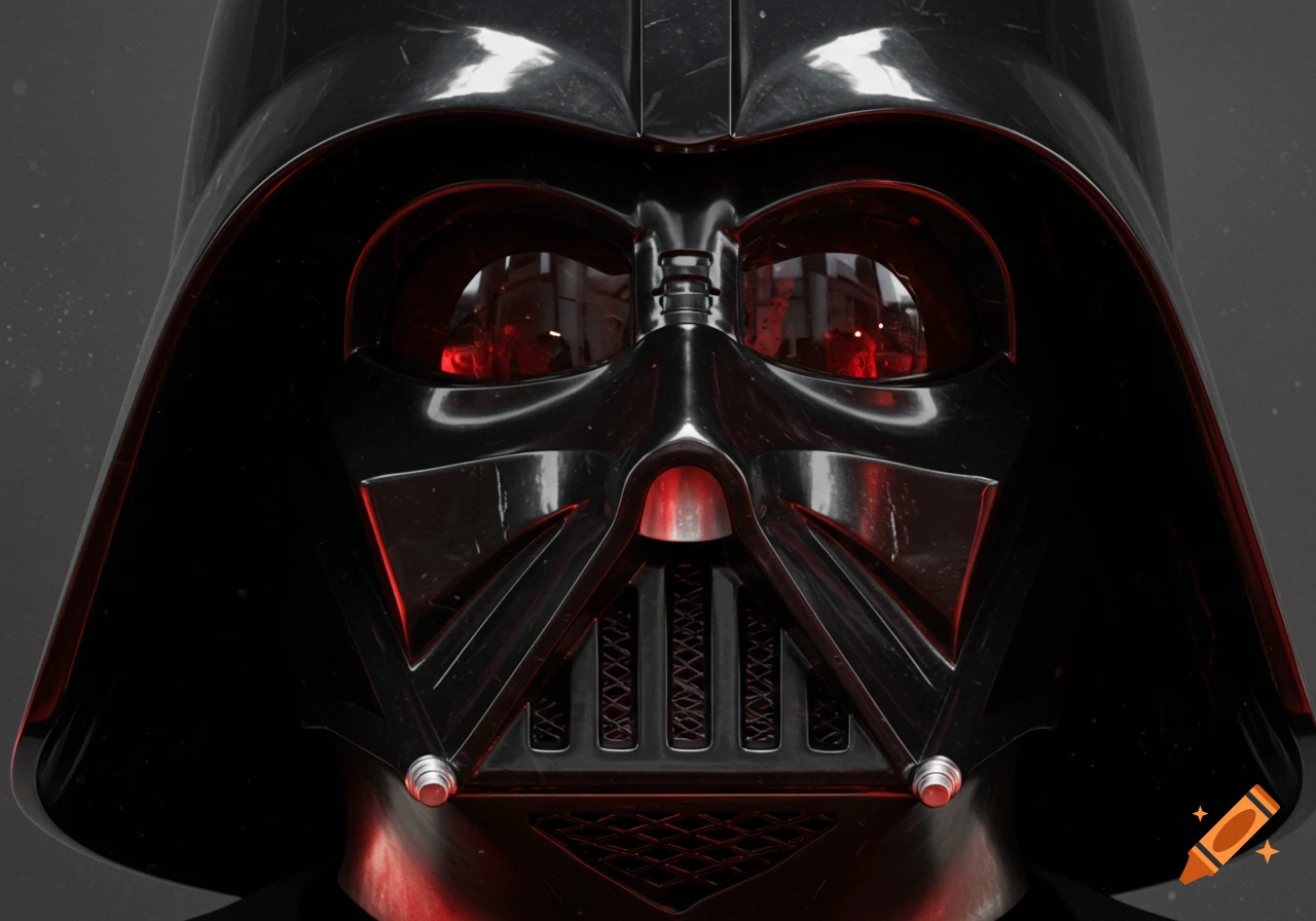 Close-up portrait of Darth Vader's iconic black mask with red eye ...