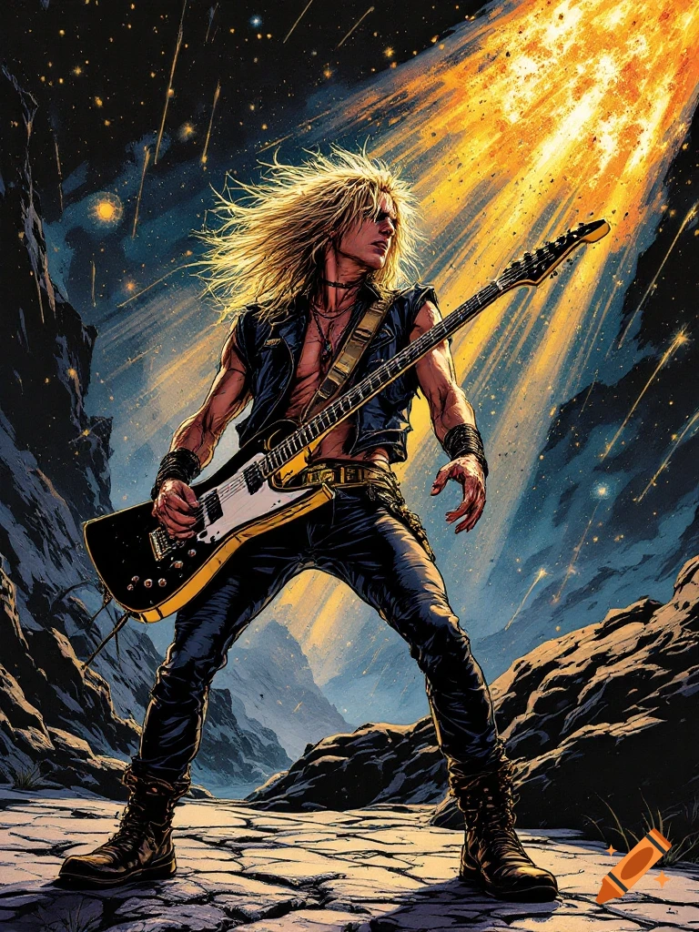 Comic book art of a rock guitarist playing in a rocky, starry landscape ...