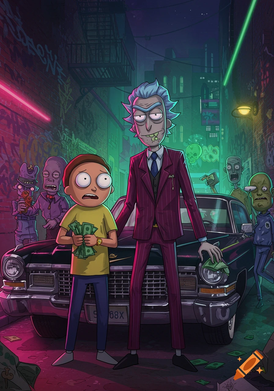 Cartoon illustration of gangster Rick and Morty in a dark alley holding ...