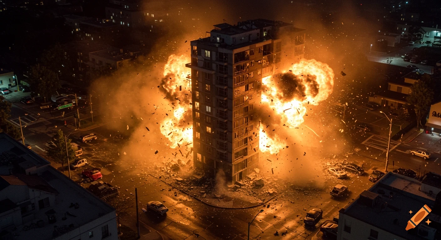Photorealistic view of a tall condo building exploding in a city at ...