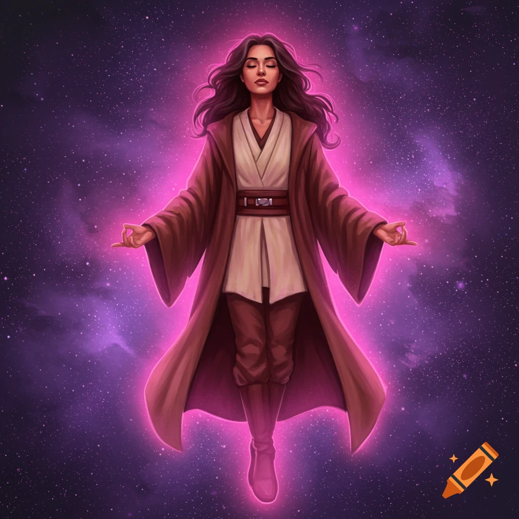 Illustration of a woman in Jedi robes floating in space with a pink ...