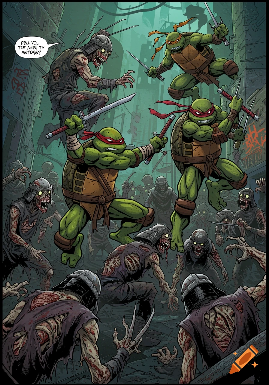 Comic book panel of Teenage Mutant Ninja Turtles fighting a horde of ...