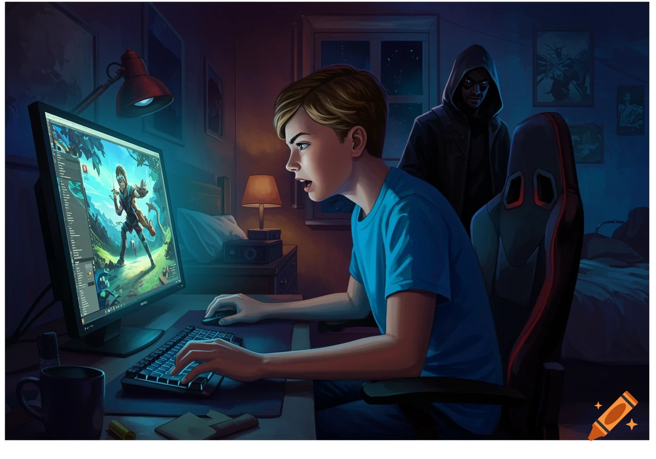 Digital painting of a boy playing a computer game in his bedroom with a ...