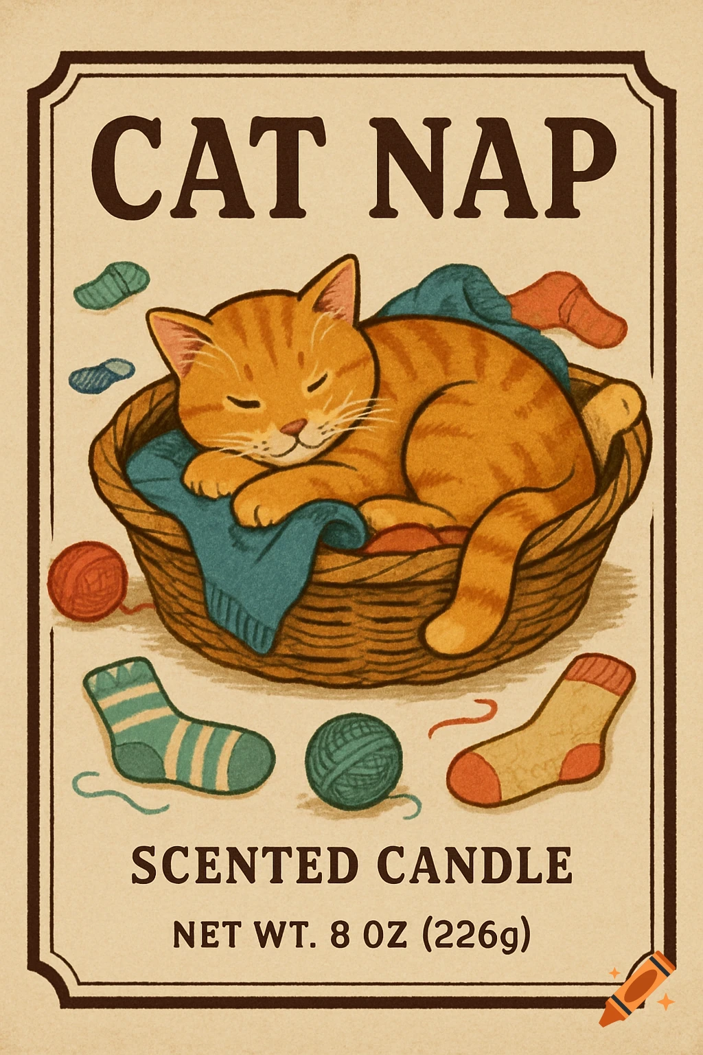 A stylized illustration for a candle label showing an orange tabby cat ...