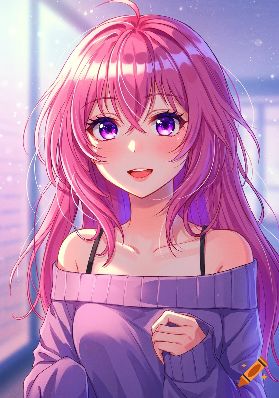 Anime girl with pink hair, purple eyes, wearing a purple off-shoulder ...