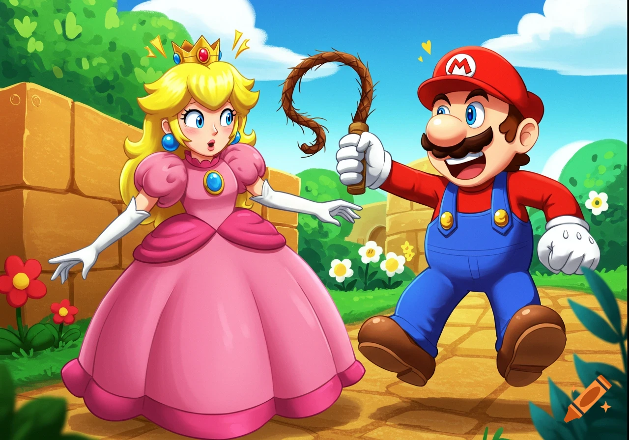 Cartoon illustration of Mario holding a whip next to a surprised ...