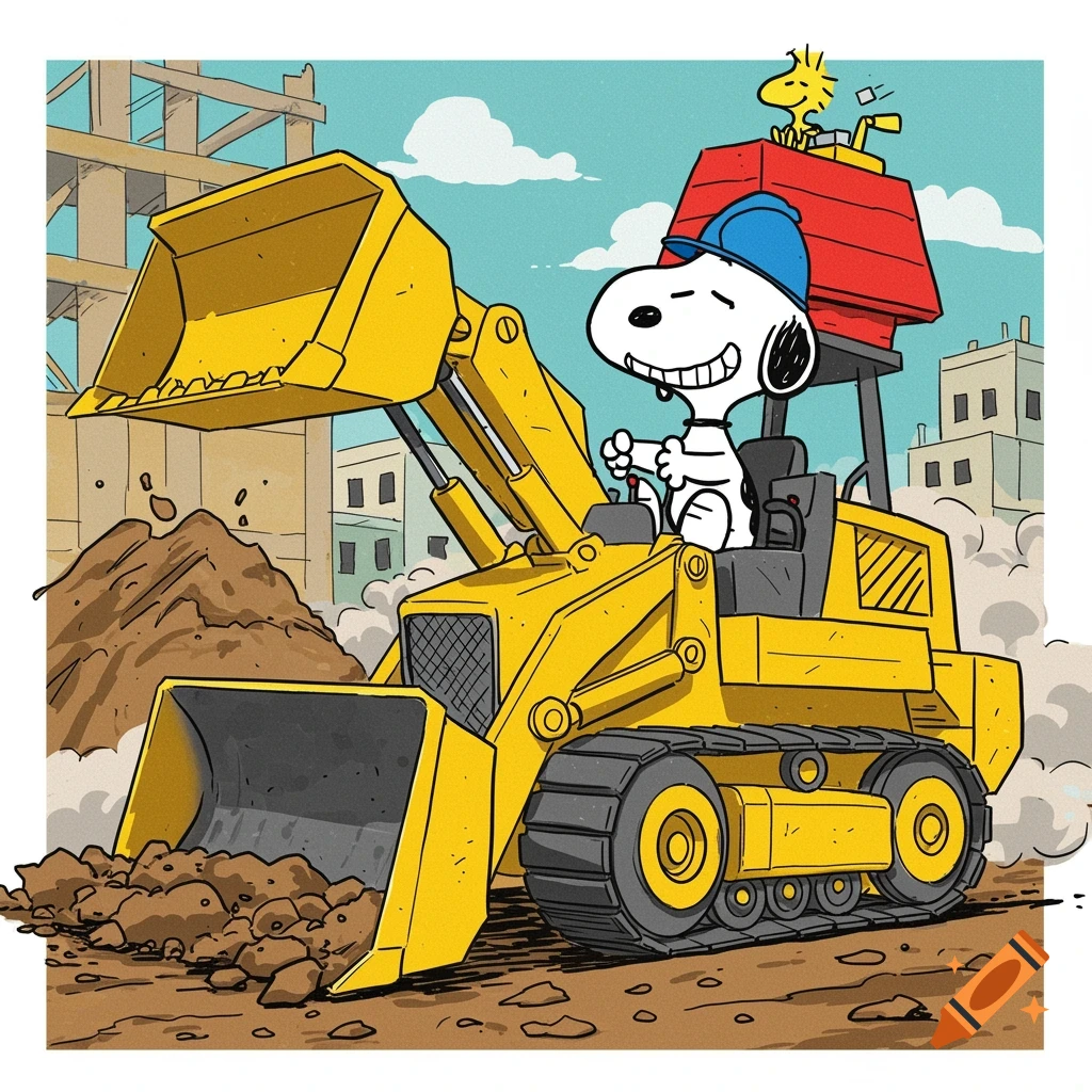 Cartoon of Snoopy driving a yellow bulldozer at a construction site ...