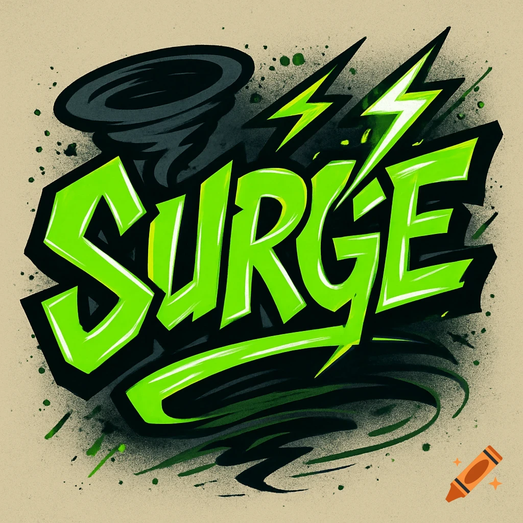 Green graffiti logo for SURGE with a tornado and lightning on Craiyon
