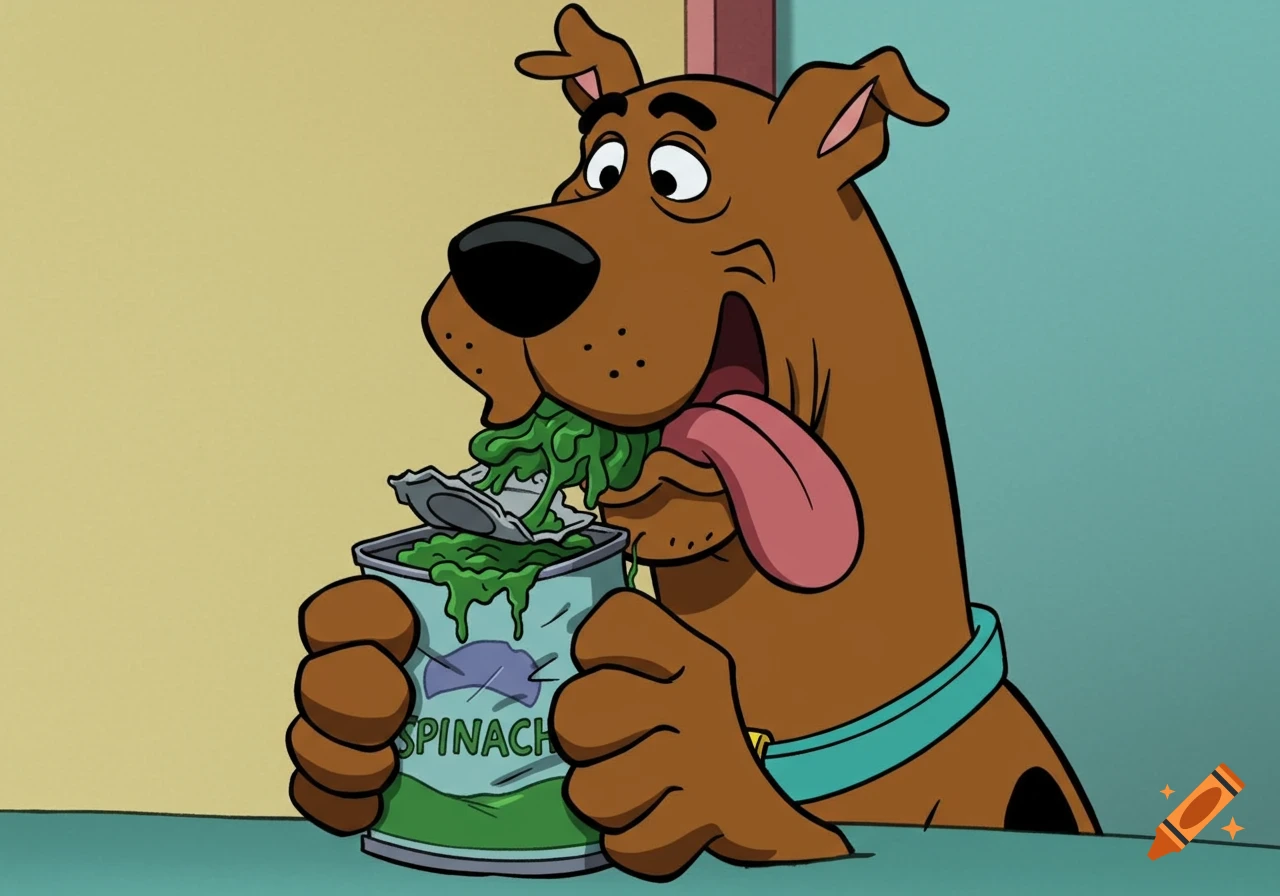 Scooby Doo eating spinach from a can in a cartoon style. on Craiyon