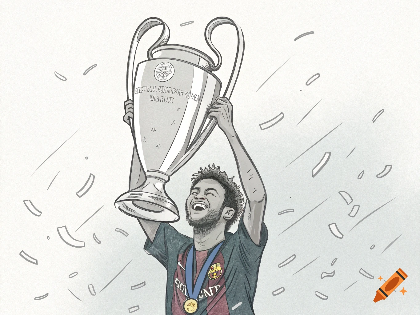 Sketch of a soccer player holding a large trophy overhead, celebrating ...