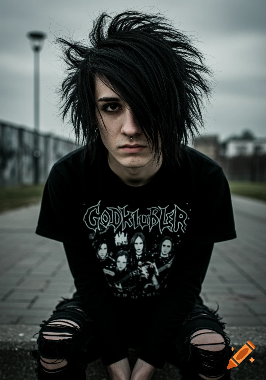 Portrait of a young man with emo/goth style, dark clothes, messy hair ...