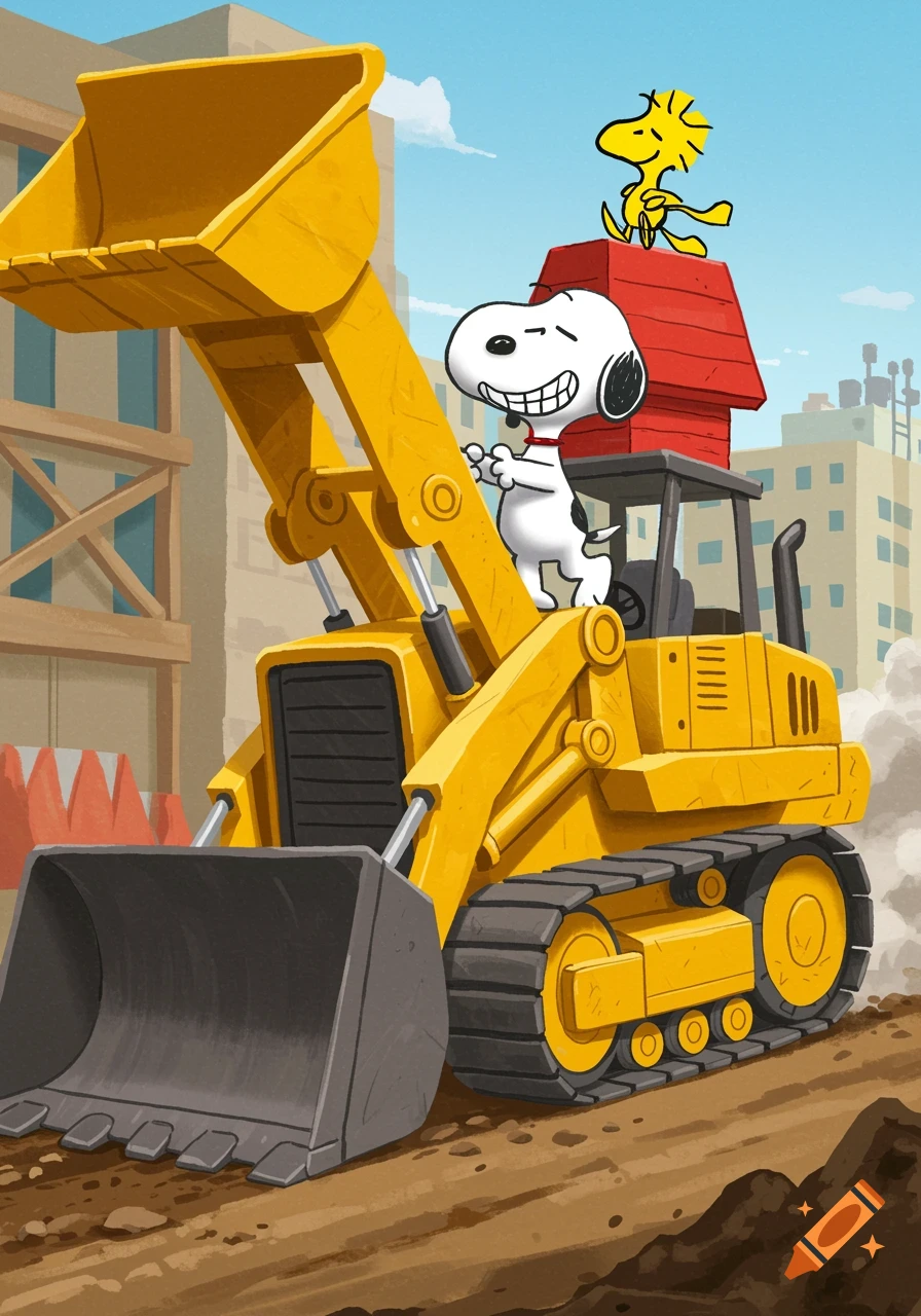 Snoopy on a yellow bulldozer at a construction site with Woodstock. on ...