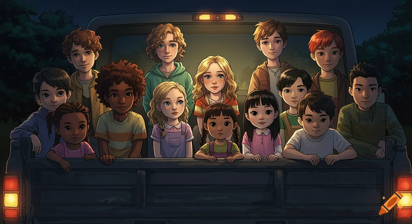 Anime illustration of twelve diverse children sitting in the back of a ...