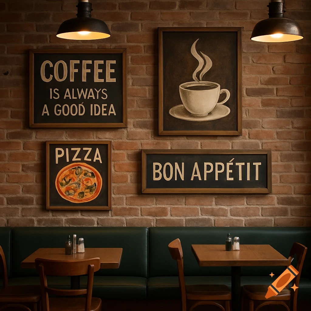 Photorealistic image of a cafe or restaurant interior with signs on a ...