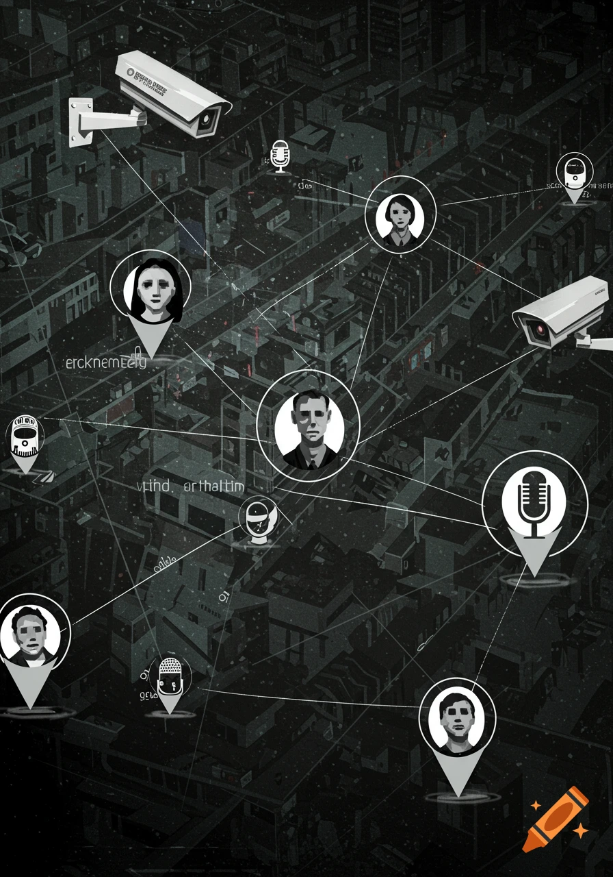 Stylized digital map showing a network of cameras and microphones ...