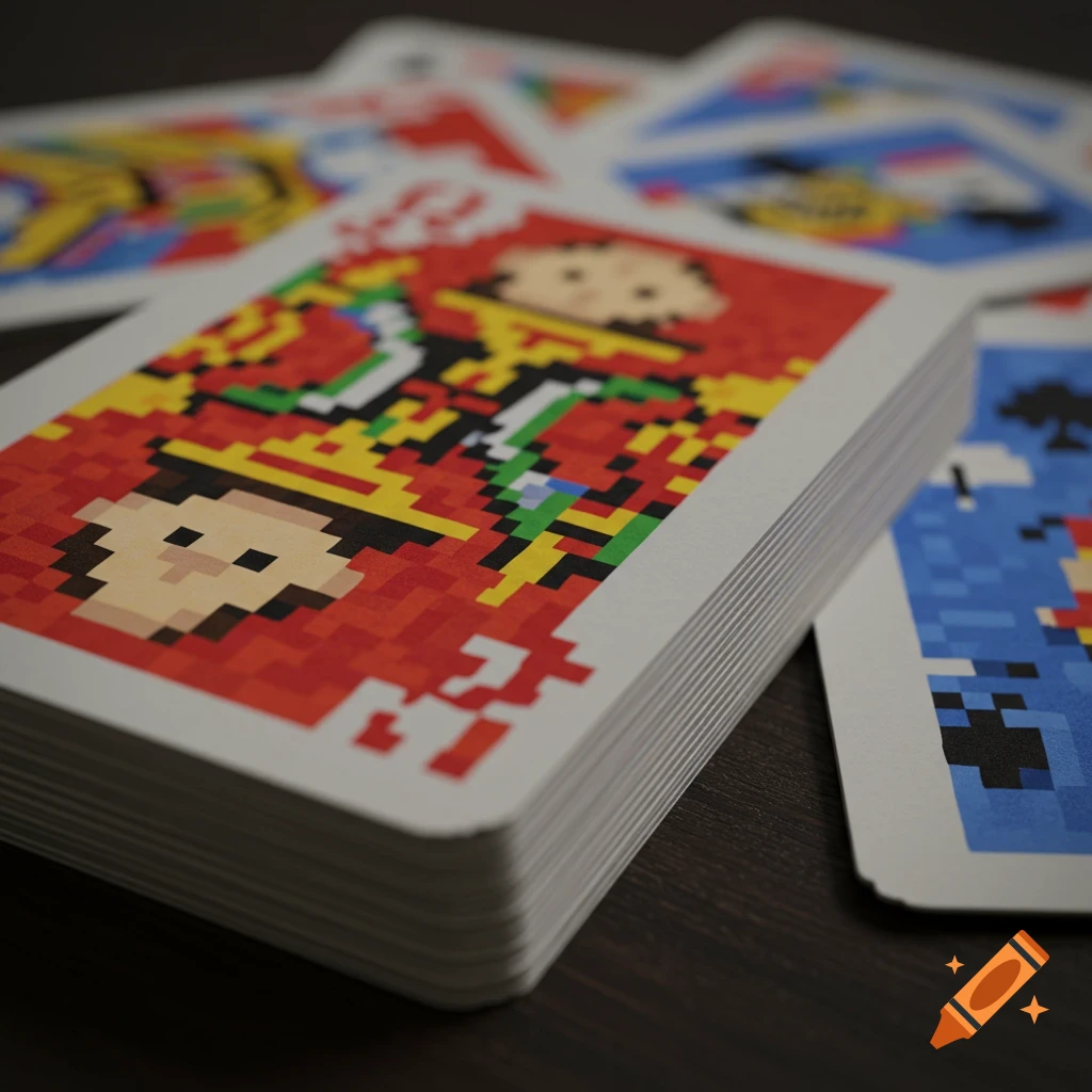 A stack of pixelated playing cards on a table. on Craiyon