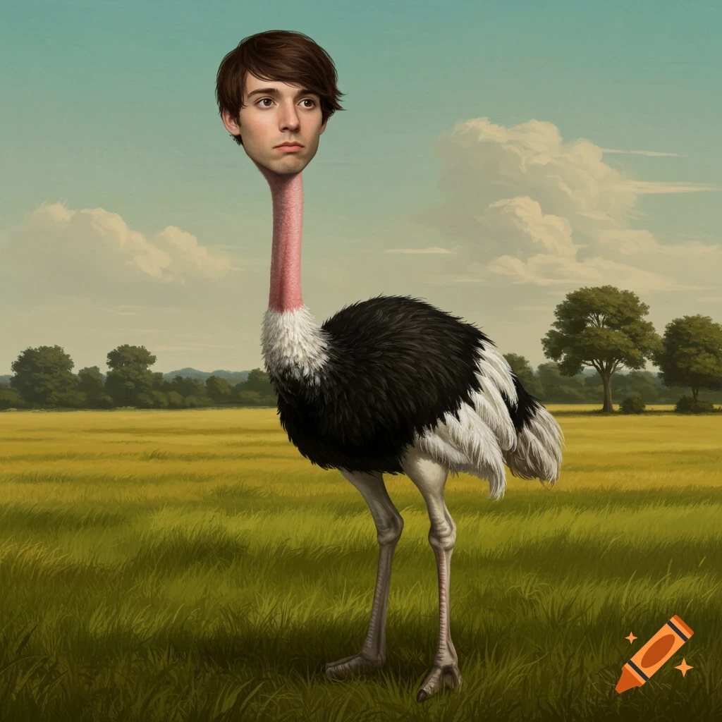A surreal image of a man's head on the body of an ostrich standing in a ...