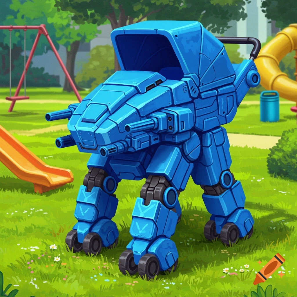A blue mech designed like a baby carriage stands in a playground on Craiyon