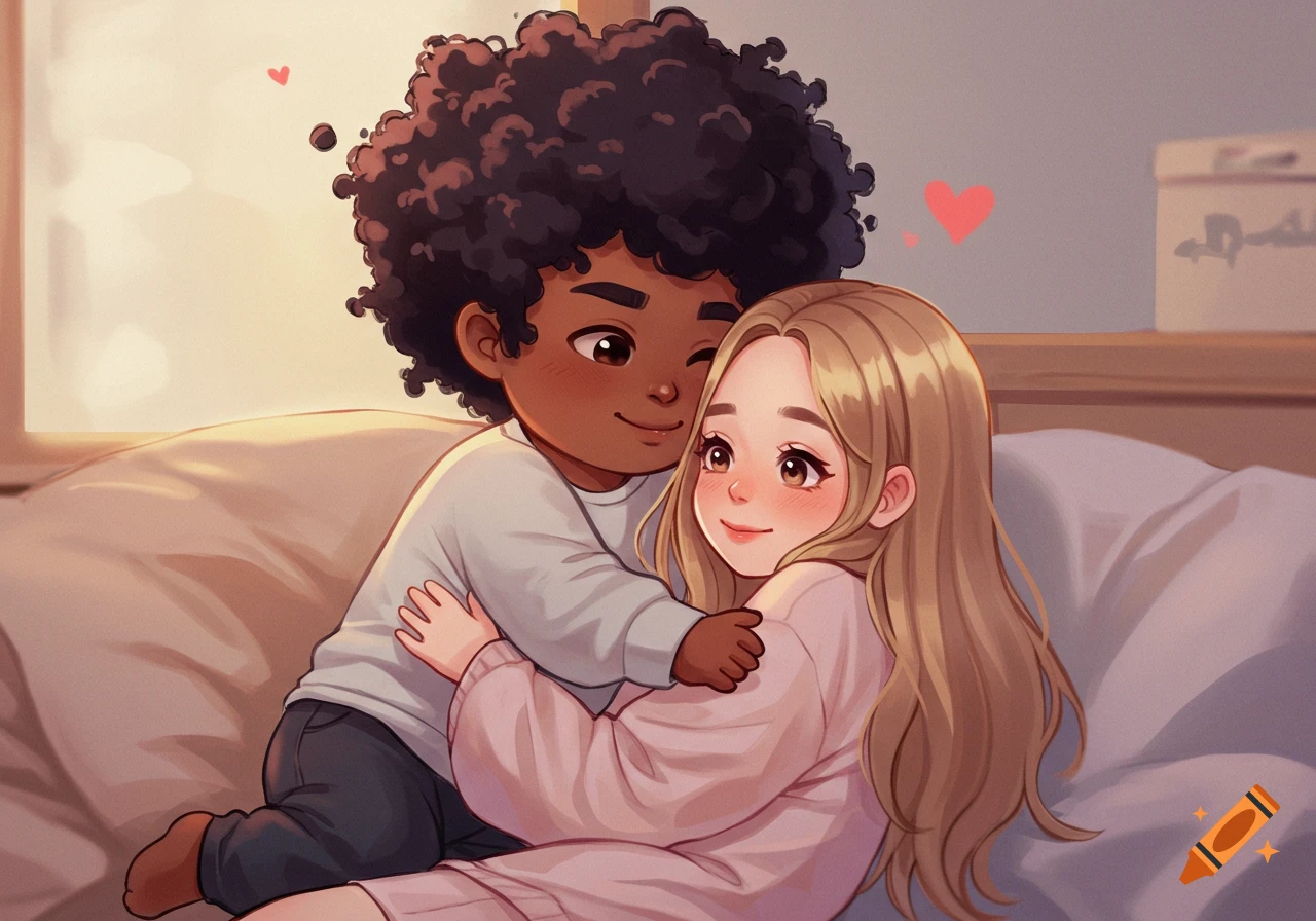 A cartoon illustration of a person with dark curly hair cuddling a ...