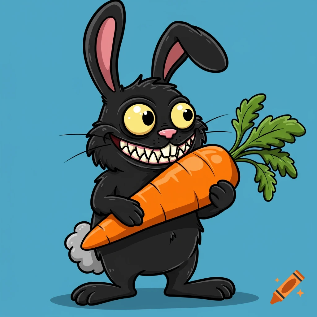 A black cartoon rabbit with large eyes and fangs holds a large carrot ...