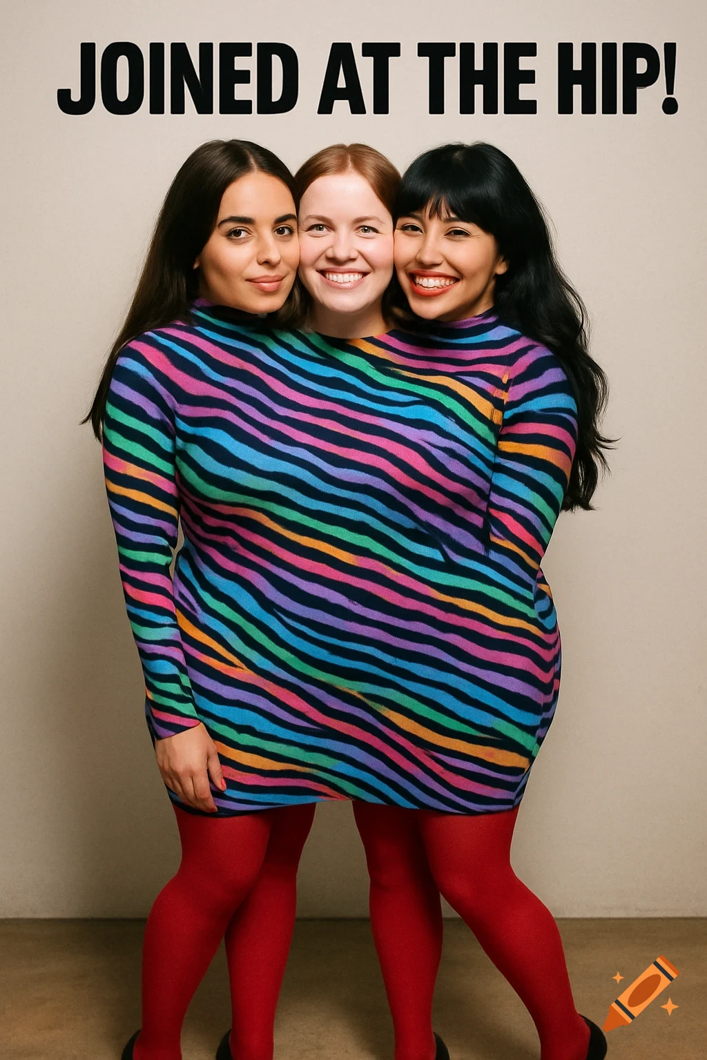 Three women merged into one body in a colorful striped dress and red ...