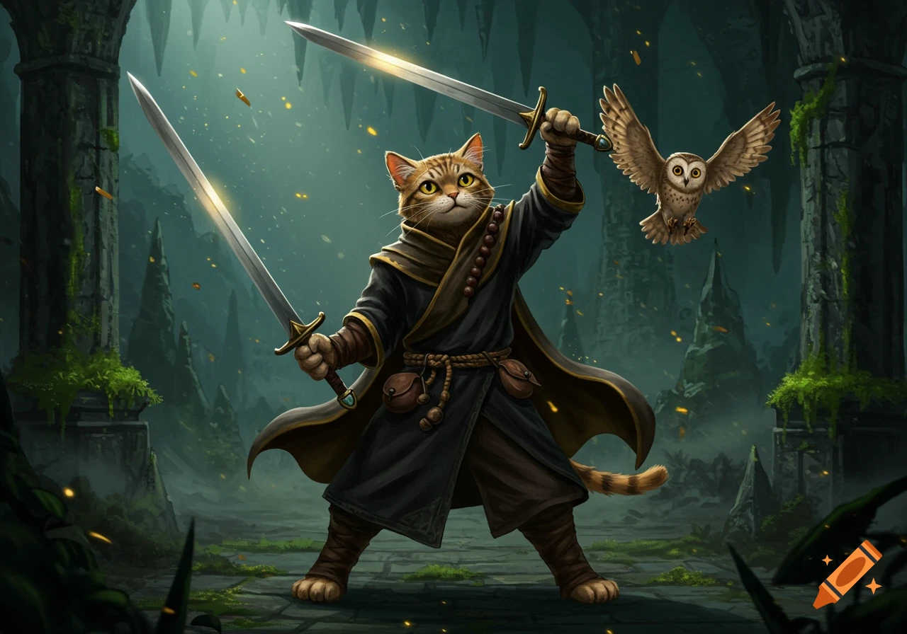 A cat warrior in black robes holds two swords in a dungeon, with an owl ...