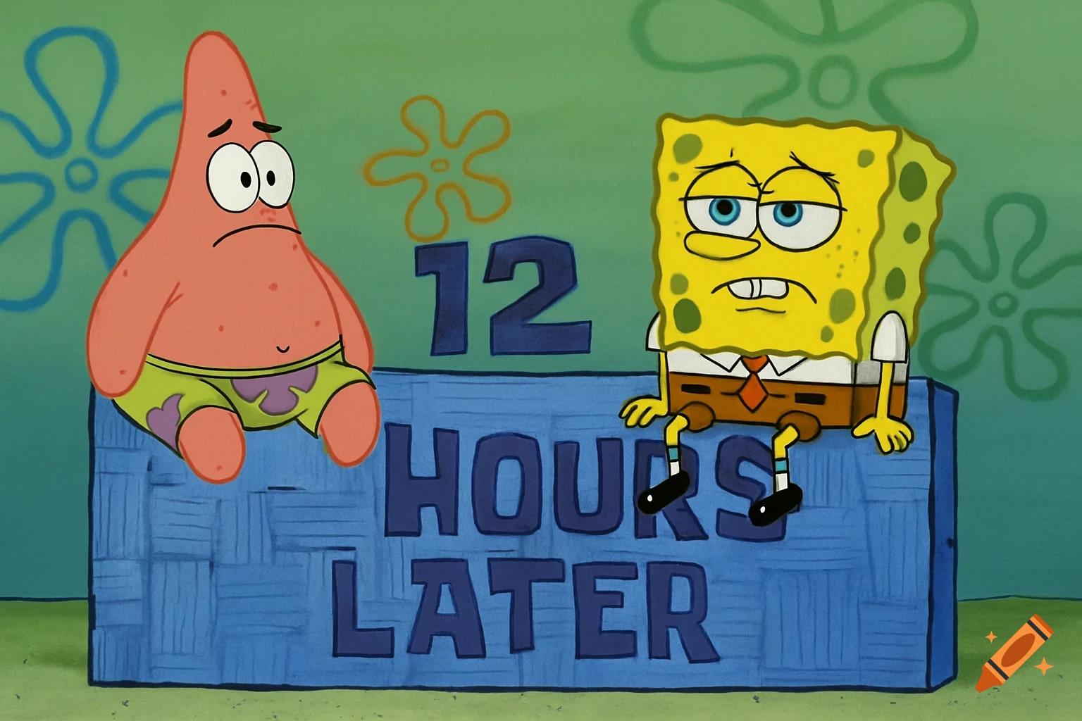 Spongebob and Patrick sitting on a 12 Hours Later time card in cartoon style. on Craiyon