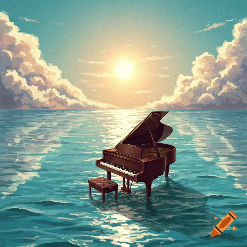 A grand piano sits in the ocean under a vibrant sunset sky, rendered in ...