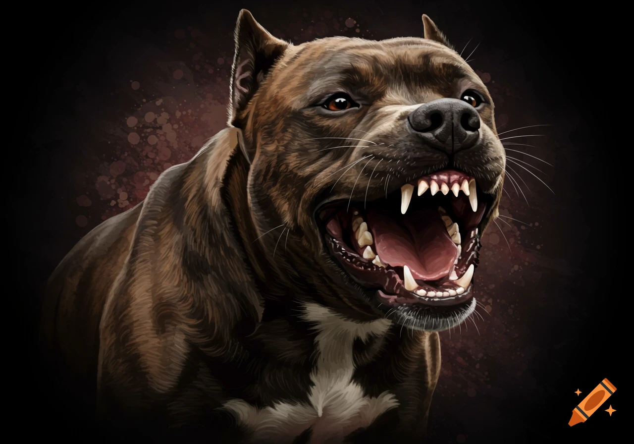 Brown pit bull barking with bared teeth against a dark, stylized ...