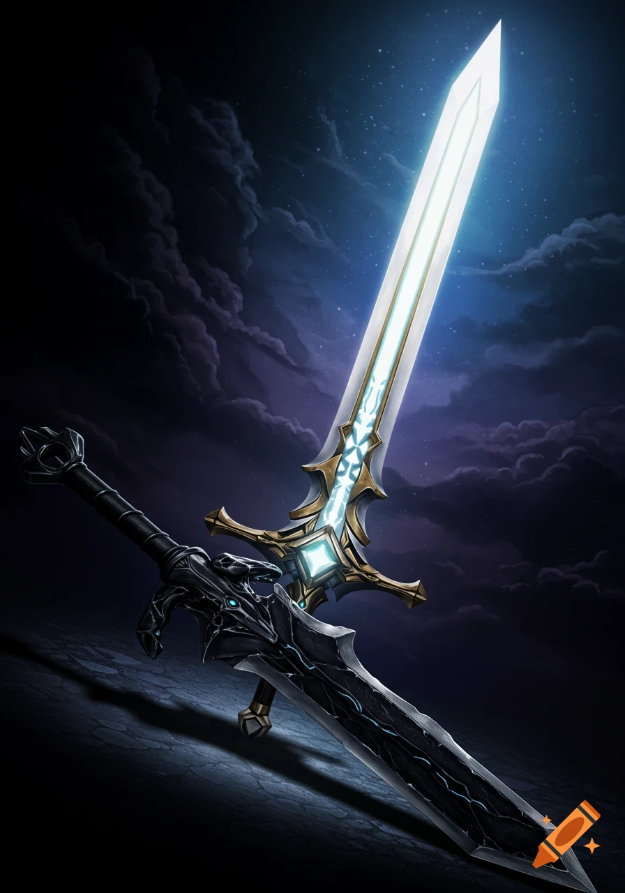 Two fantasy swords, one bright and luminous, one dark and spiky ...