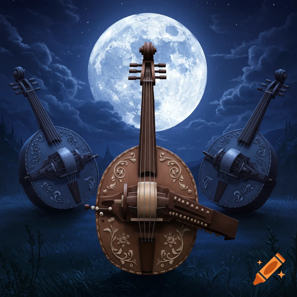 Three ornate hurdy-gurdies stand in a field at night under a large full moon. on Craiyon
